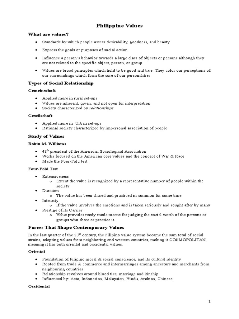 Philippine Values Handout | PDF | Value (Ethics) | Philippines