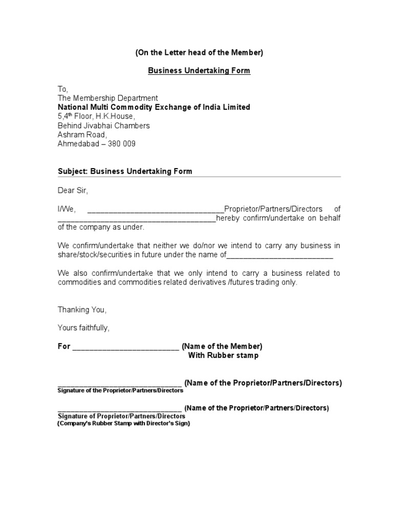 Business Undertaking Letter Sample | PDF