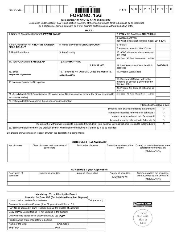 15 G Form (Pre-filled) | Income Tax In India | Payments