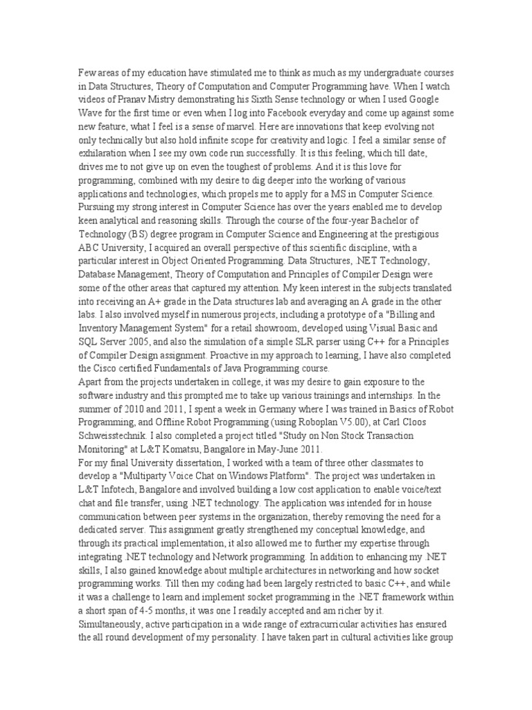 Sample Sop New Computer Science Computer Programming Free 30 Day