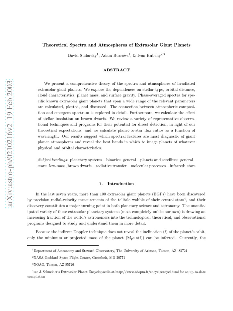 Theoretical Spectra and Atmospheres of Extrasolar Giant Planets | PDF ...