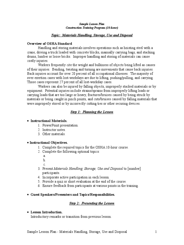 Sample Lesson Plan MTL Handling Storage Use and Disposal | PDF ...