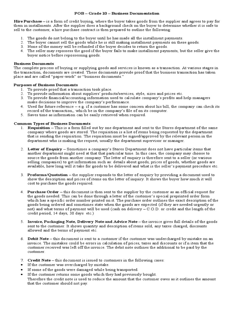 POB - Grade 10 - Lesson 34 - Business Documents | PDF | Bill Of Sale ...