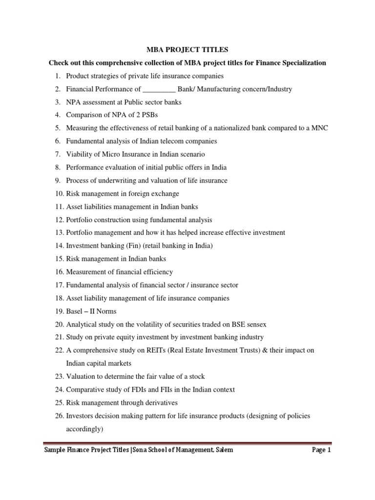 MBA Finance Sample Project Titles | Investing | Banks