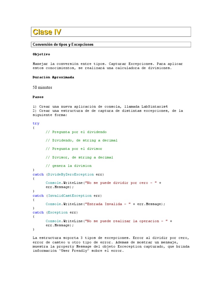 Manejo de Excepciones y Clases en C# | PDF | División (Matemáticas) | Compilador