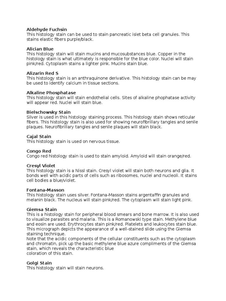 Stains Notes | PDF | Staining | Histology