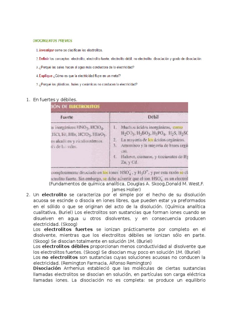 P.1 Identificación de Electrolitos y No Electrolitos | PDF | Electrólito | Rieles