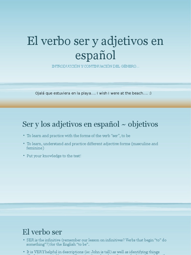 El Verbo Ser y Adjetivos en Español | PDF | Grammatical Gender | Noun