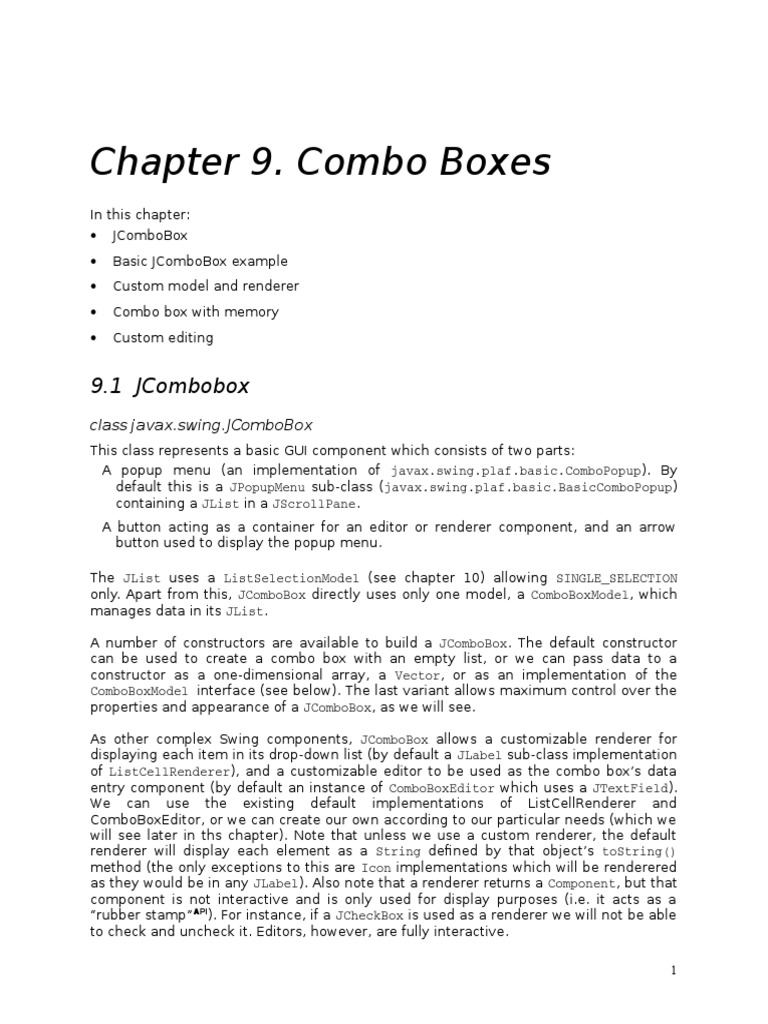 Chapter 9. Combo Boxes: 9.1 Jcombobox | PDF | Method (Computer Programming) | Class (Computer ...