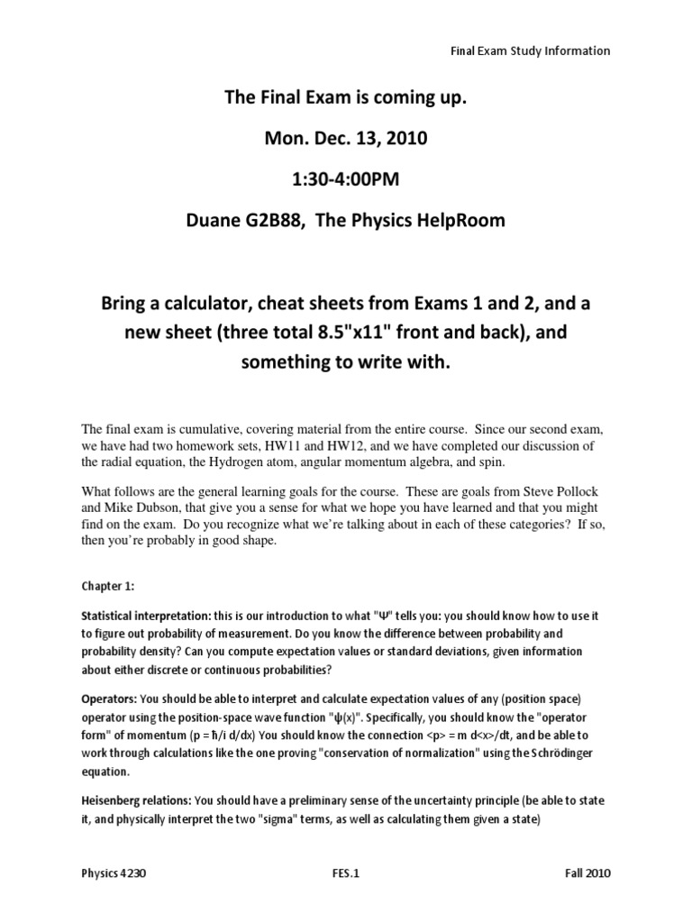 Final Exam Study Guide | PDF | Wave Function | Schrödinger Equation