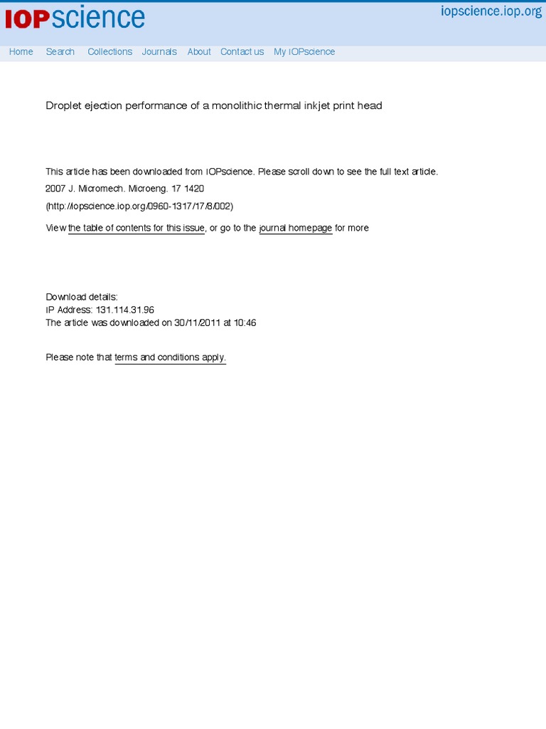 Droplet Ejection Performance of A Monolithic Thermal Inkjet Print Head ...
