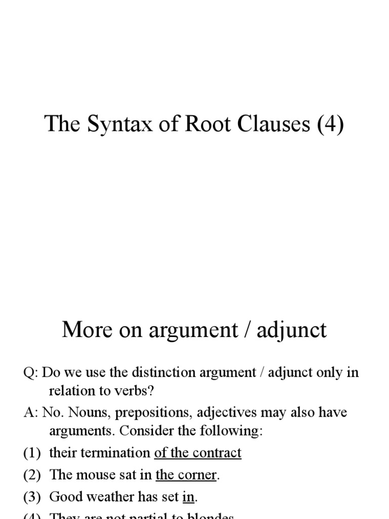 The Syntax of Root Clauses 4 | PDF | Predicate (Grammar) | Subject (Grammar)