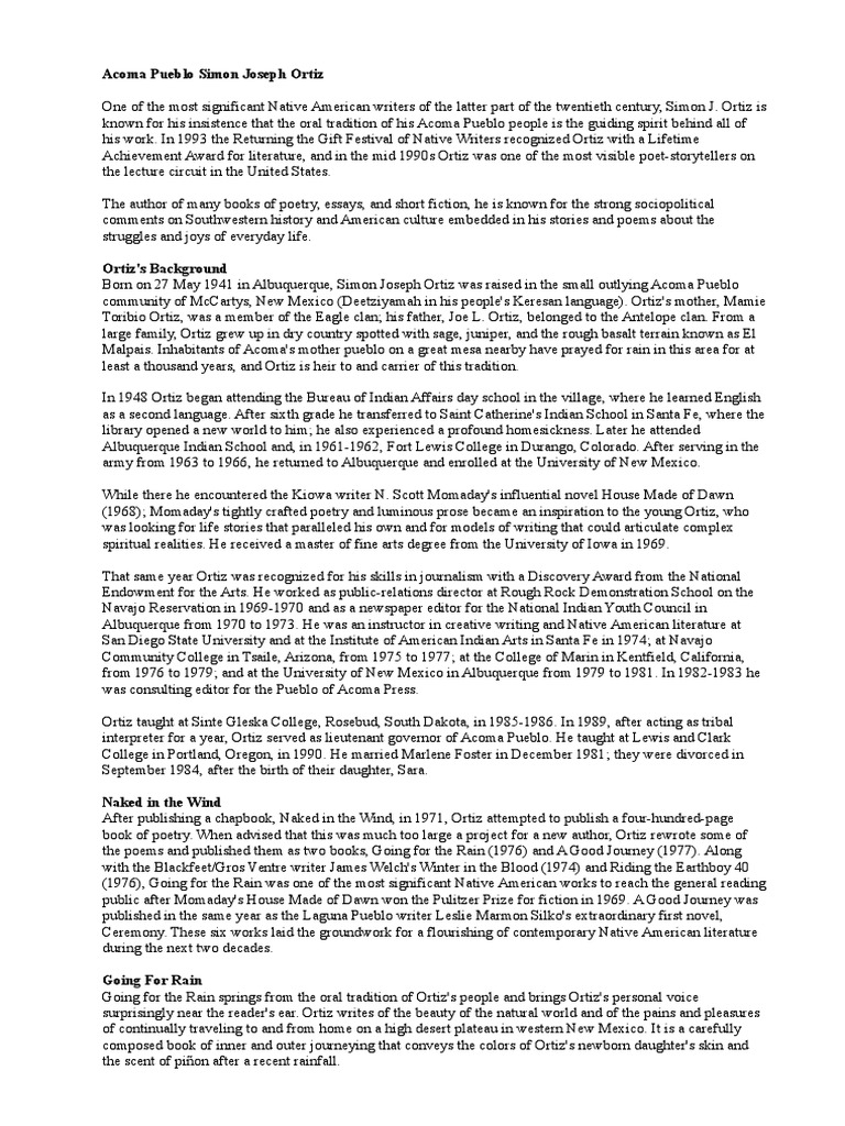 Acoma Pueblo Simon Joseph Ortiz | PDF | Native Americans In The United ...