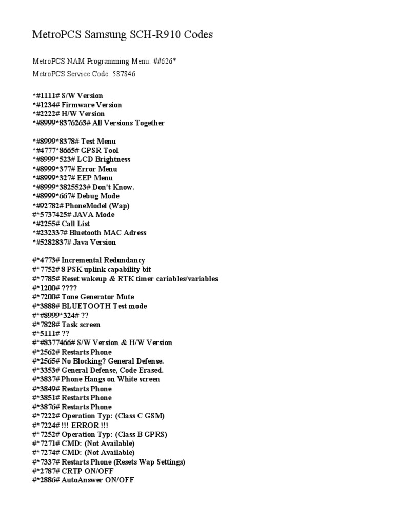 MetroPCS Samsung SCH-R910 Codes Guide | PDF | Multimedia Messaging ...