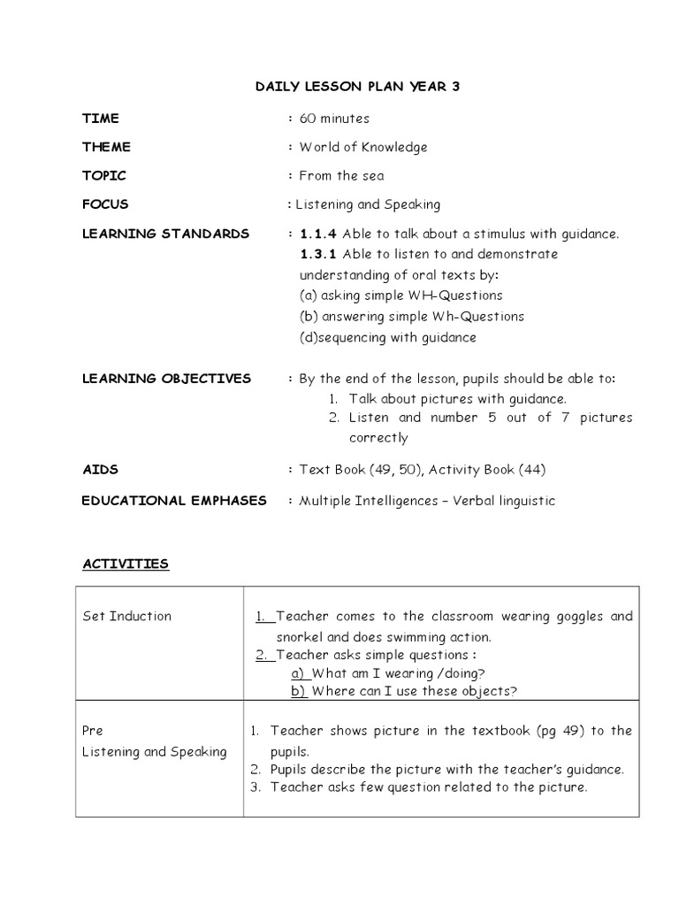 Lesson Plan Year 3 | PDF | Lesson Plan | Question