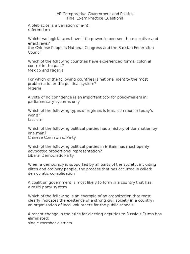 AP Comparative Gov't and Politics Final Exam | PDF | Political Parties ...