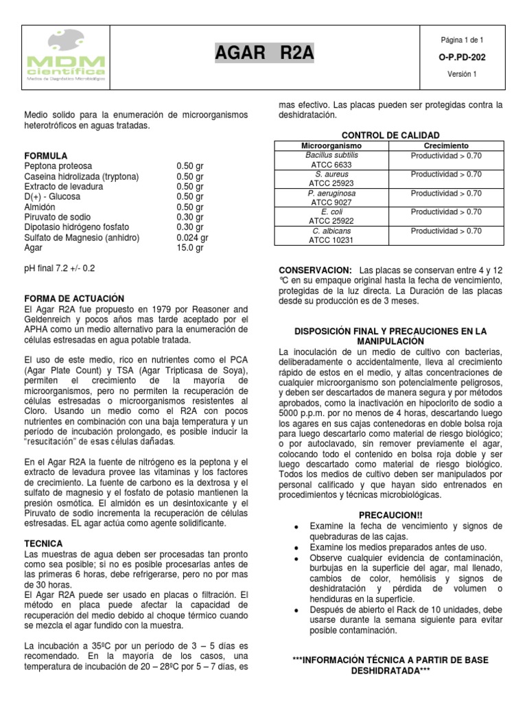Medio de cultivo Agar R2A para microbiología | PDF | Química | Biología