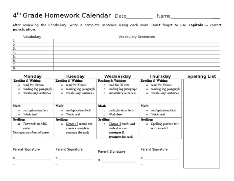 4th Grade Weekly Homework Plan | PDF | Career & Growth | Language Arts ...