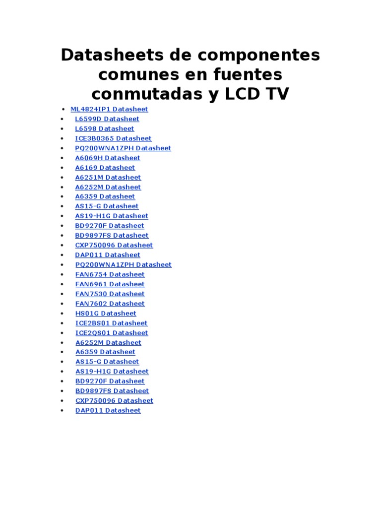 Datasheets de Componentes Comunes en Fuentes Conmutadas y LCD TV | PDF