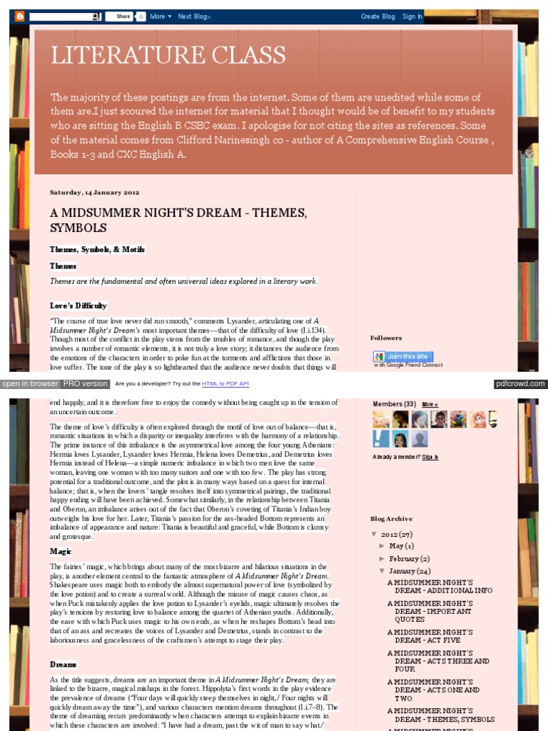 Literature Class - A Midsummer Night's Dream - Themes, Symbols | PDF ...