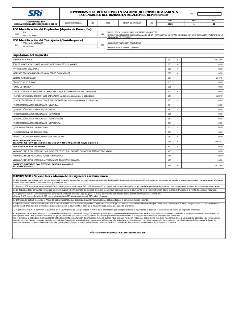 Formulario 107 | Impuesto sobre la renta | Pagos