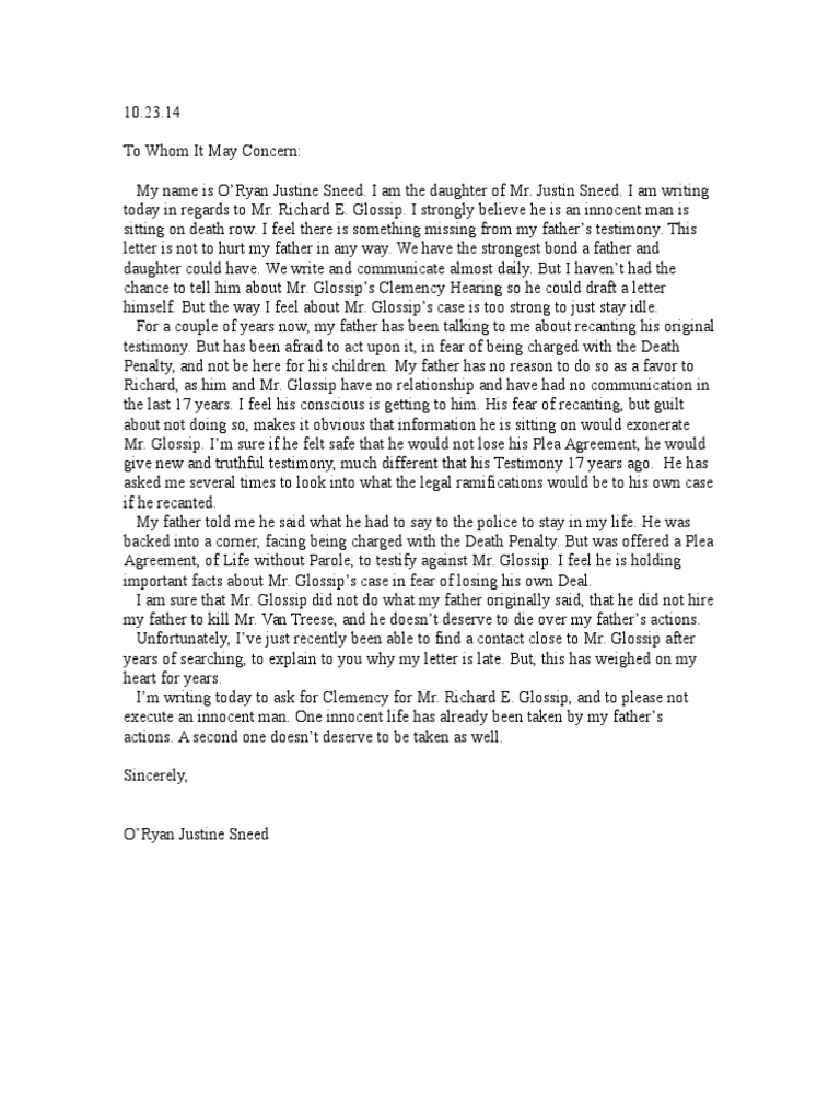 Clemency Letter From O'Ryan Justine Sneed | PDF | Crime & Violence ...