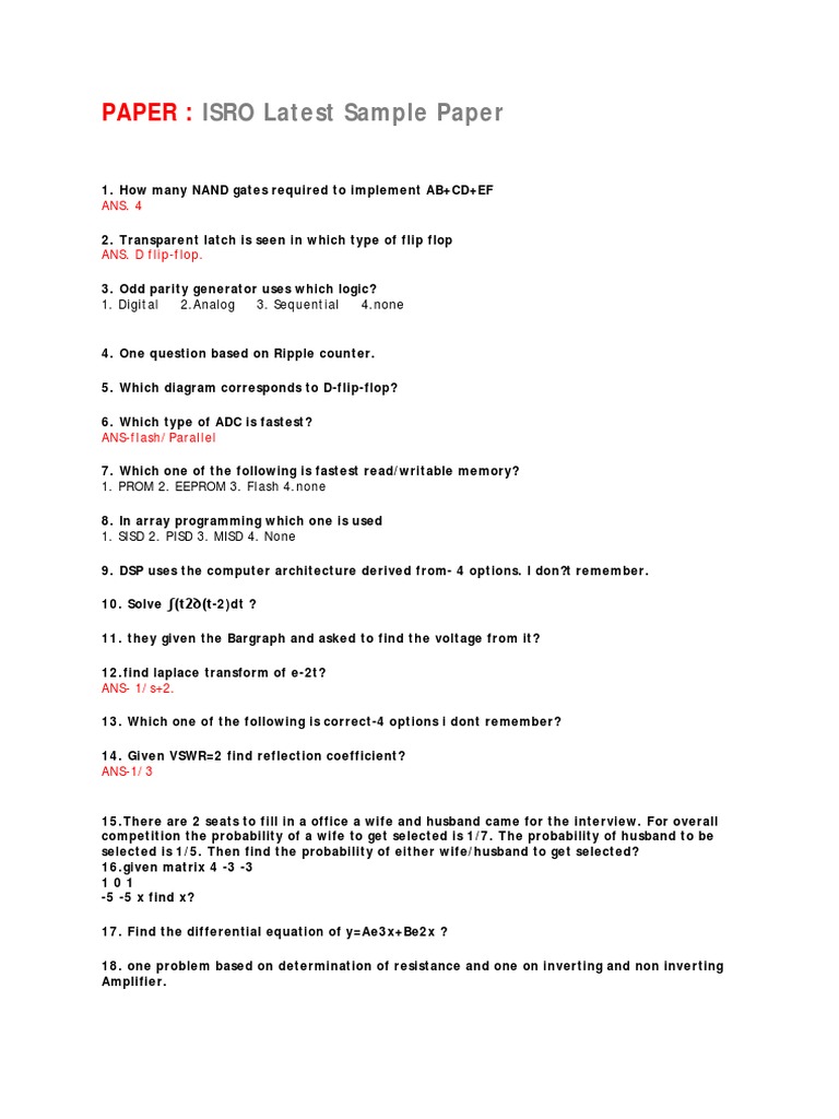 Paper:: ISRO Latest Sample Paper | Download Free PDF ...