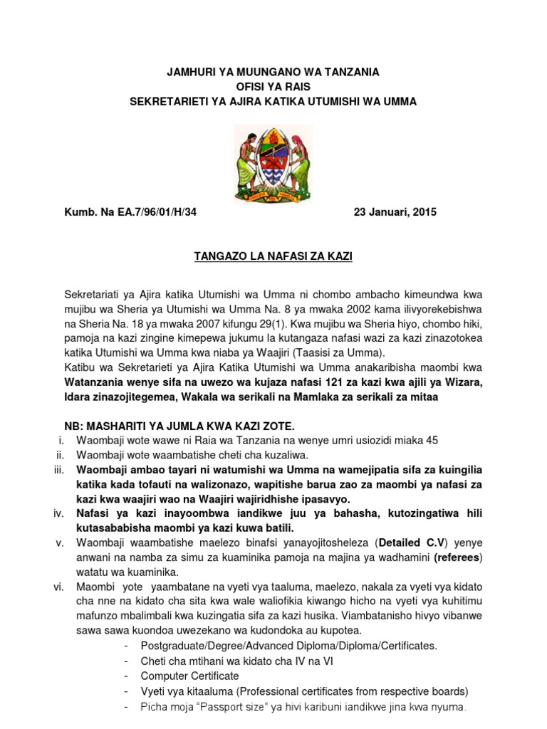 Tangazo Nafasi Za Kazi - Utumishi. | PDF