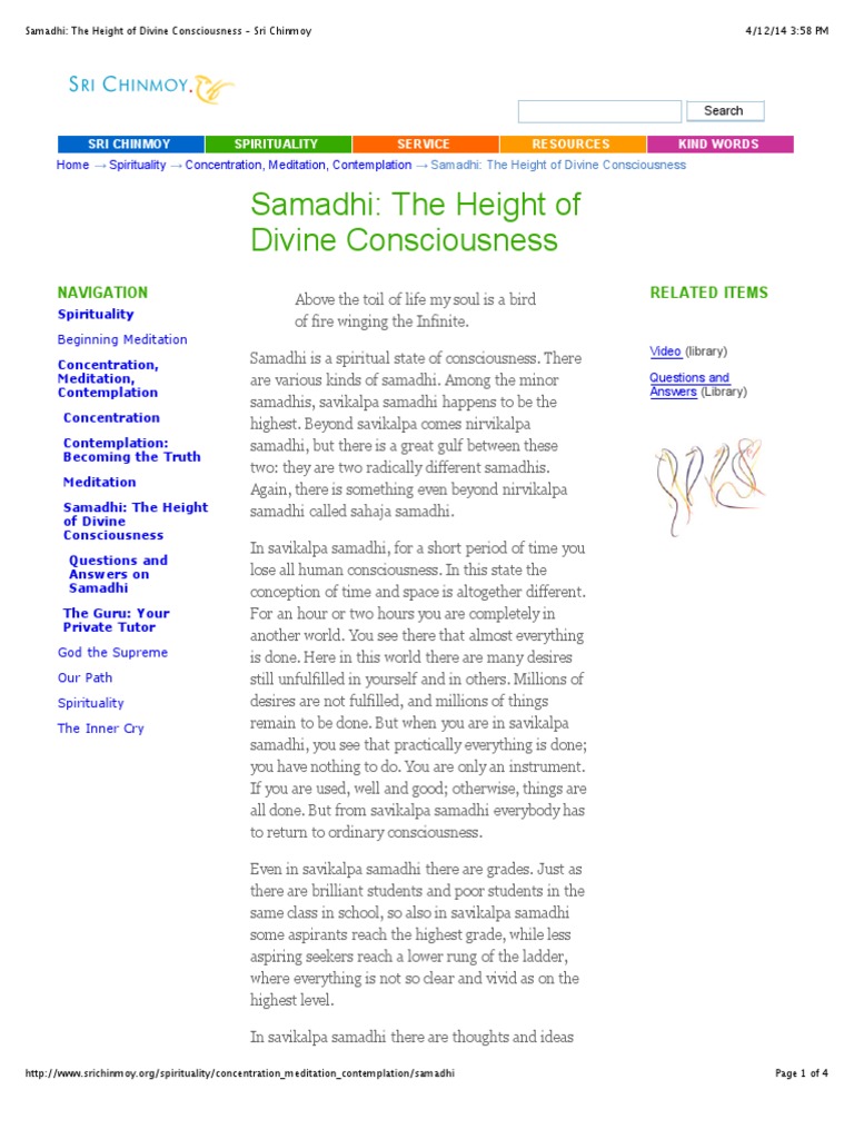 Samadhi - The Height of Divine Consciousness - Sri Chinmoy | PDF | Theoria | Meditation