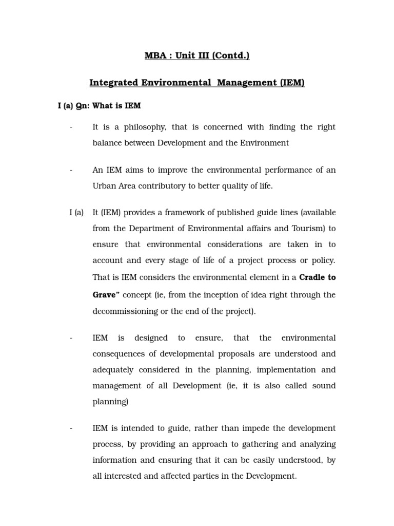 MBA: Unit III (Contd.) Integrated Environmental Management (IEM) | PDF ...