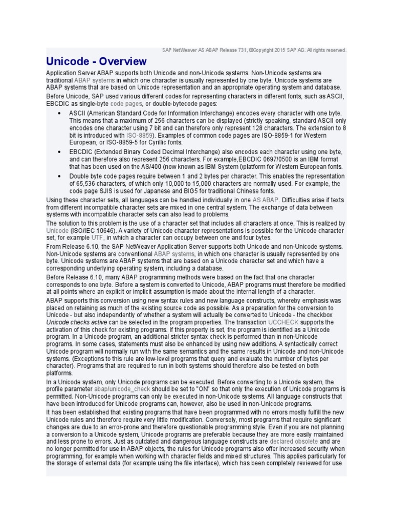 Unicode - Overview: ABAP Systems | PDF | Character Encoding | Ebcdic