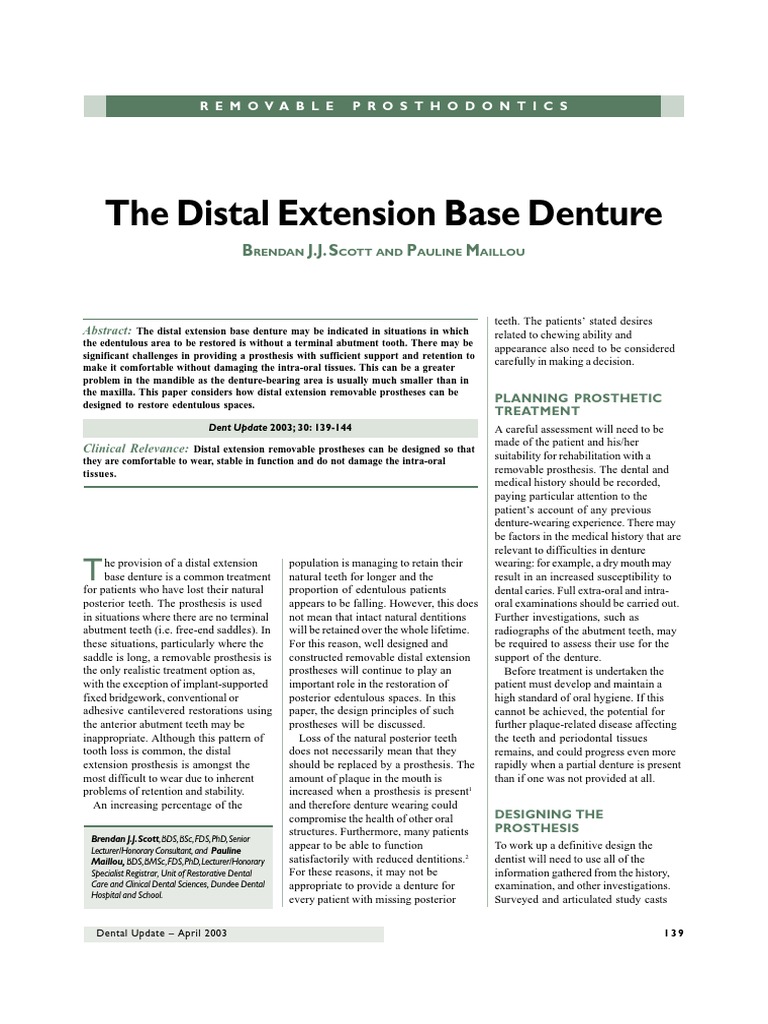 The Distal Extension Base Denture.1 PDF | PDF | Dentures | Prosthesis