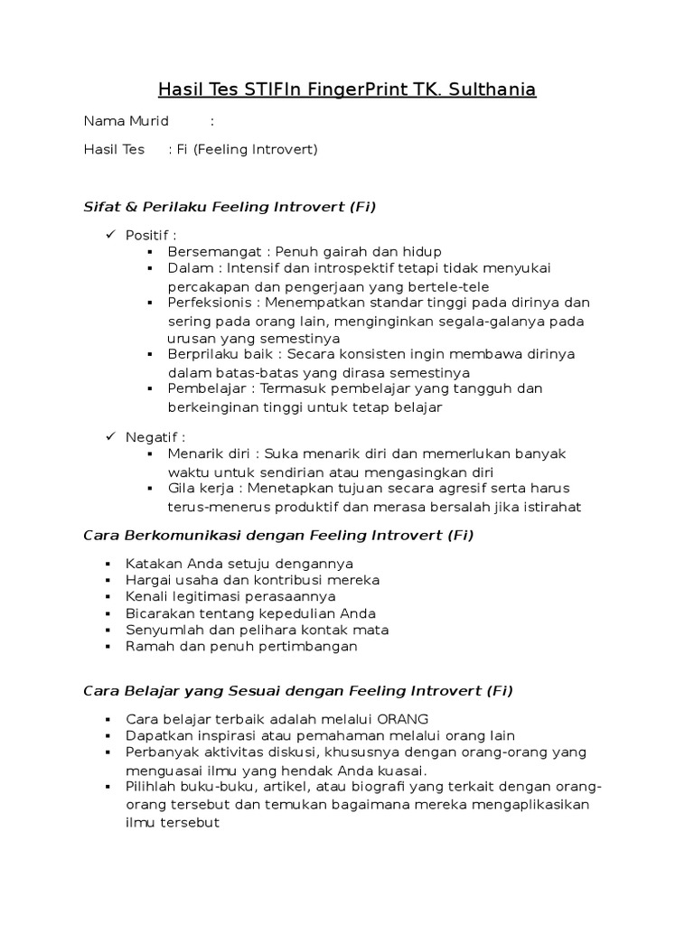 Hasil Tes STIFIn Fi (Feeling Introvert) | PDF