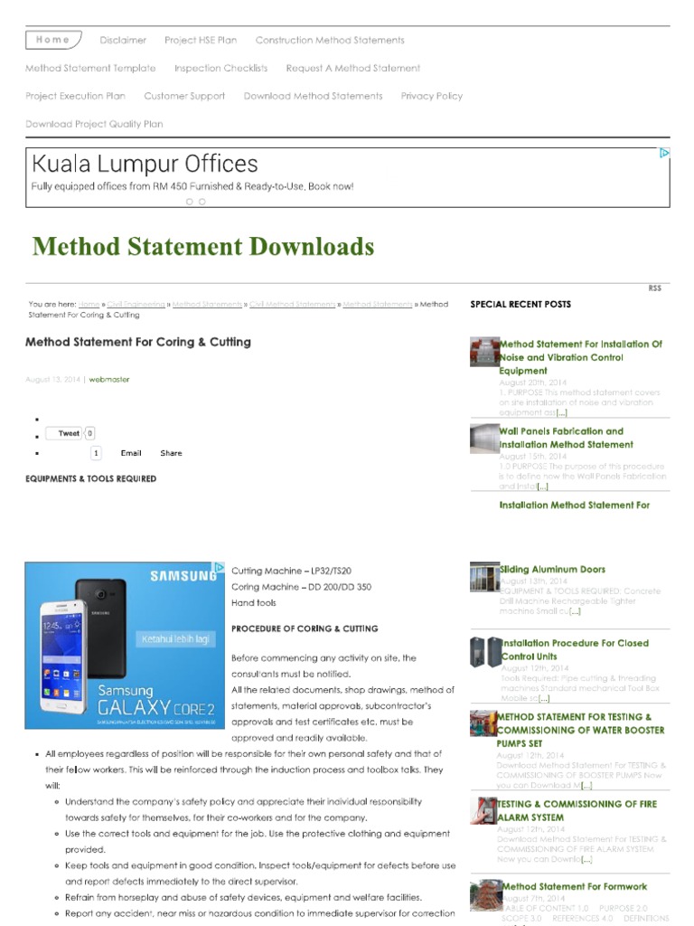 Method Statement For Coring & Cutting | PDF