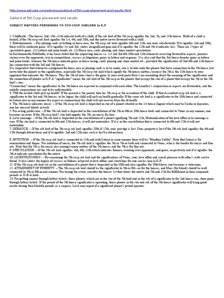 Sublord of 5th Cusp Placement and Results | PDF | Astrology | Esoteric ...