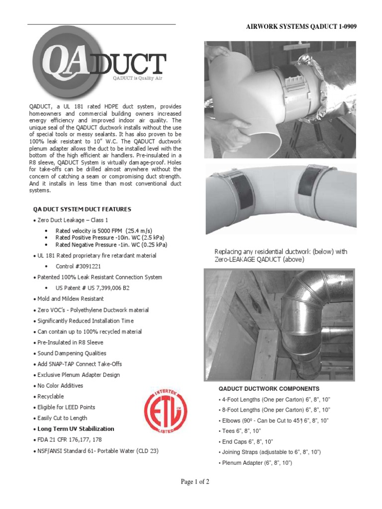Qaduct Ductwork Features & Specifications | PDF | Duct (Flow ...