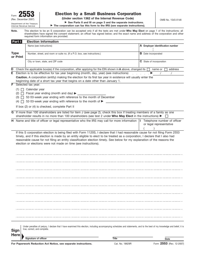 Election by a Small Business Corporation | Irs Tax Forms | S Corporation