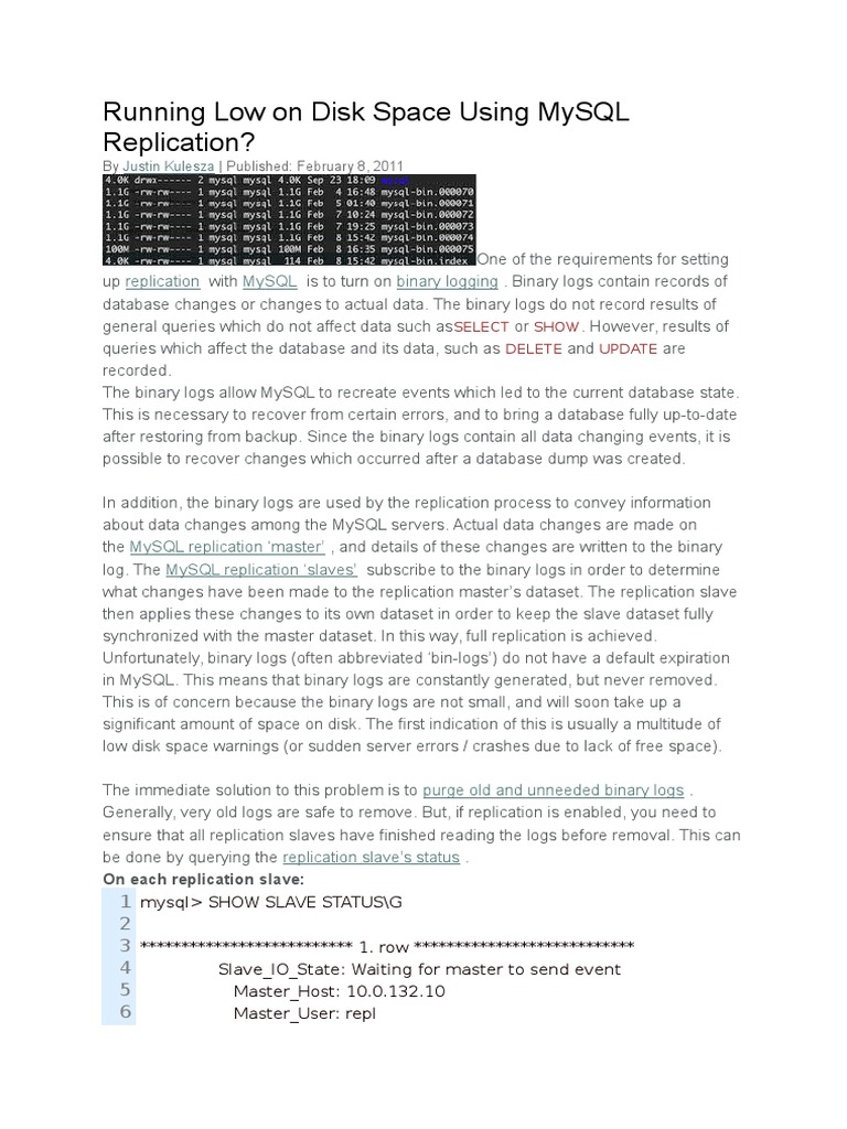 Running Low On Disk Space Using MySQL Replication | PDF | Replication ... Running Low On Disk Space Using MySQL Replication | PDF | Replication ...