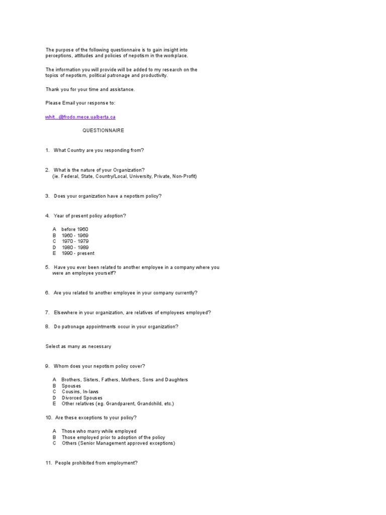 Nepotism and Patronage Questionaire | PDF | Questionnaire | Employment