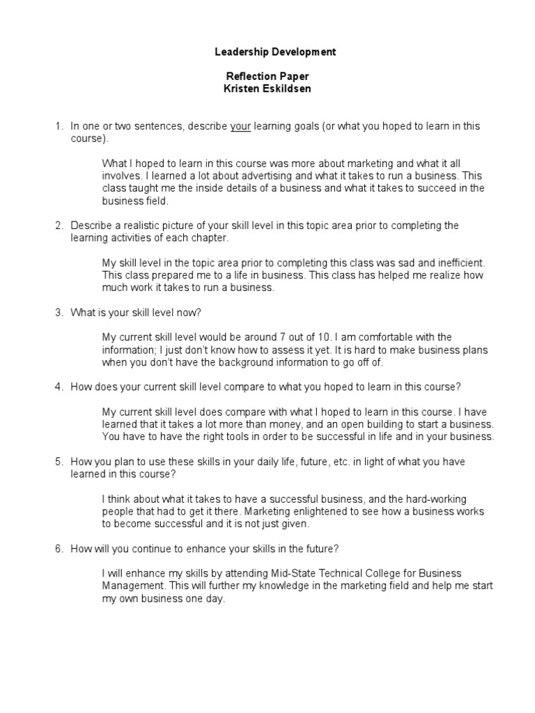 Leadership Development Reflection Paper Kristen Eskildsen | PDF