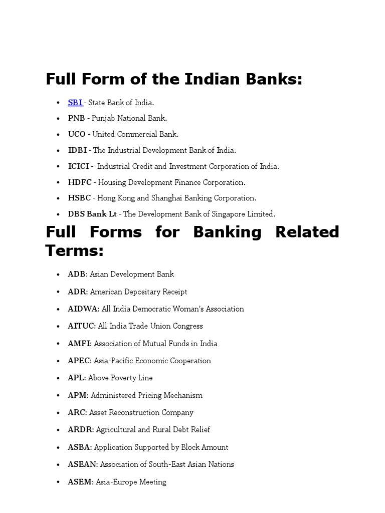 Full Forms of Indian Banks and Terms | PDF | United Nations ...