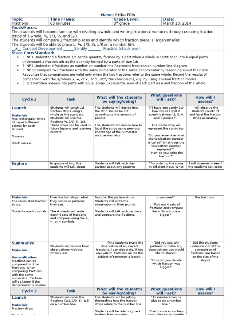 3rd Grade Fraction Lesson Plan | PDF | Fraction (Mathematics) | Teaching