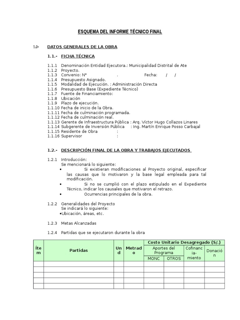 Esquema Informe Técnico Final de Obra | PDF | Presupuesto | Economias