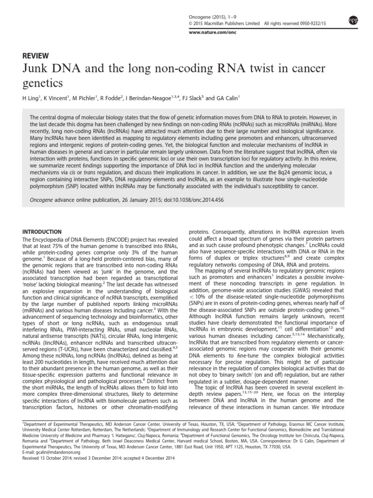 Junk DNA and The Long Non-Coding RNA Twist in Cancer Genetics | PDF ...