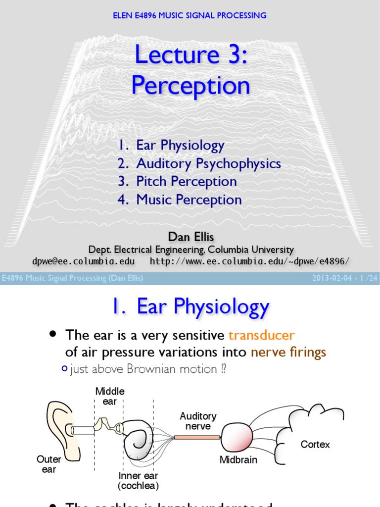 Perception: 1. Ear Physiology 2. Auditory Psychophysics 3. Pitch Perception 4. Music Perception ...