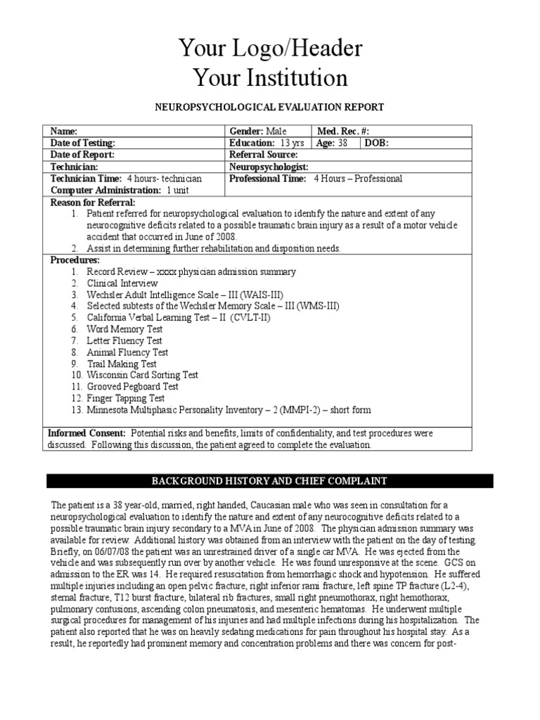 Neuropsych Eval Report Sample MTBI 2 | PDF | Recall (Memory) | Wechsler ...