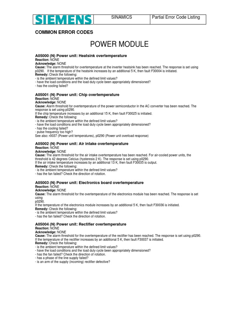 Sinamics Common Error Codes | PDF | Electric Motor | Rectifier