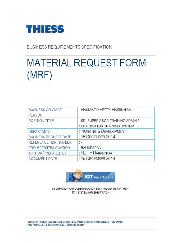 BRS - Material Request Form Online System | PDF | Business Process | Specification (Technical ...