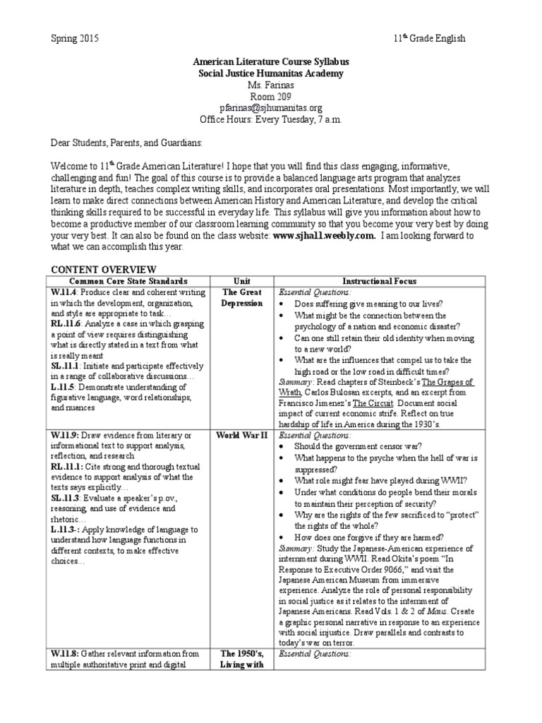11th Grade American Literature Syllabus | PDF | Homework | Plagiarism