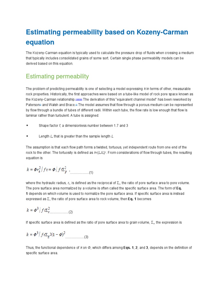 Estimating Permeability Based On Kozeny | PDF | Porosity | Surface Area